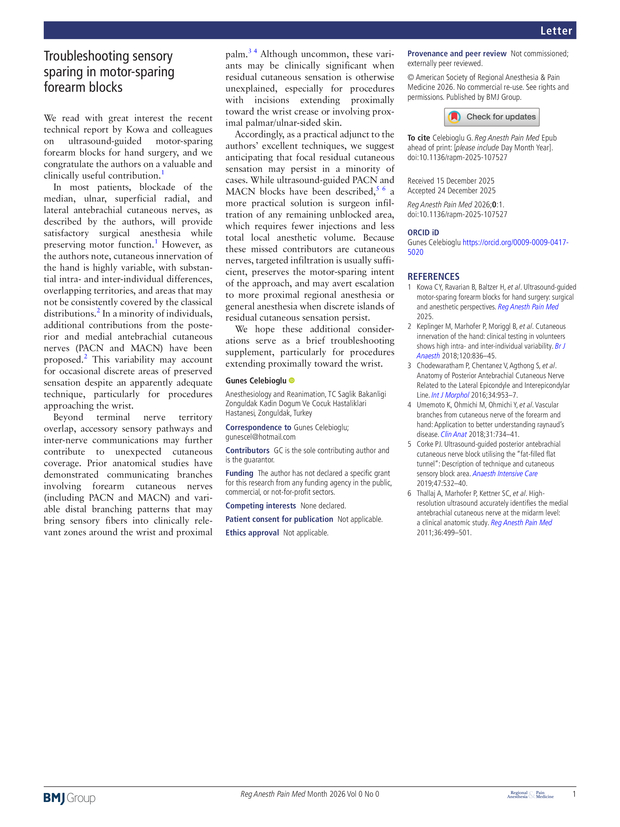 Troubleshooting sensory sparing in motor-sparing forearm blocks ...